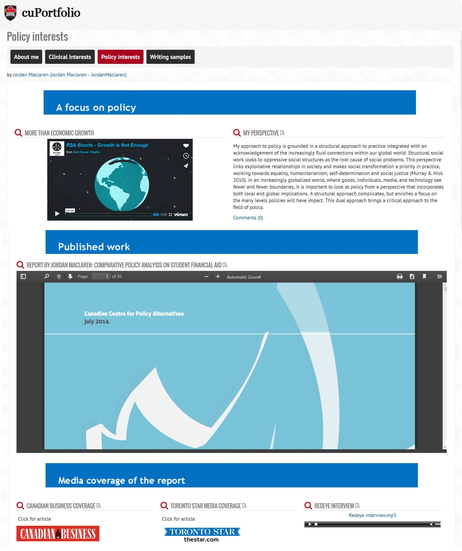 Student ePortfolio Samples - cuPortfolio Support