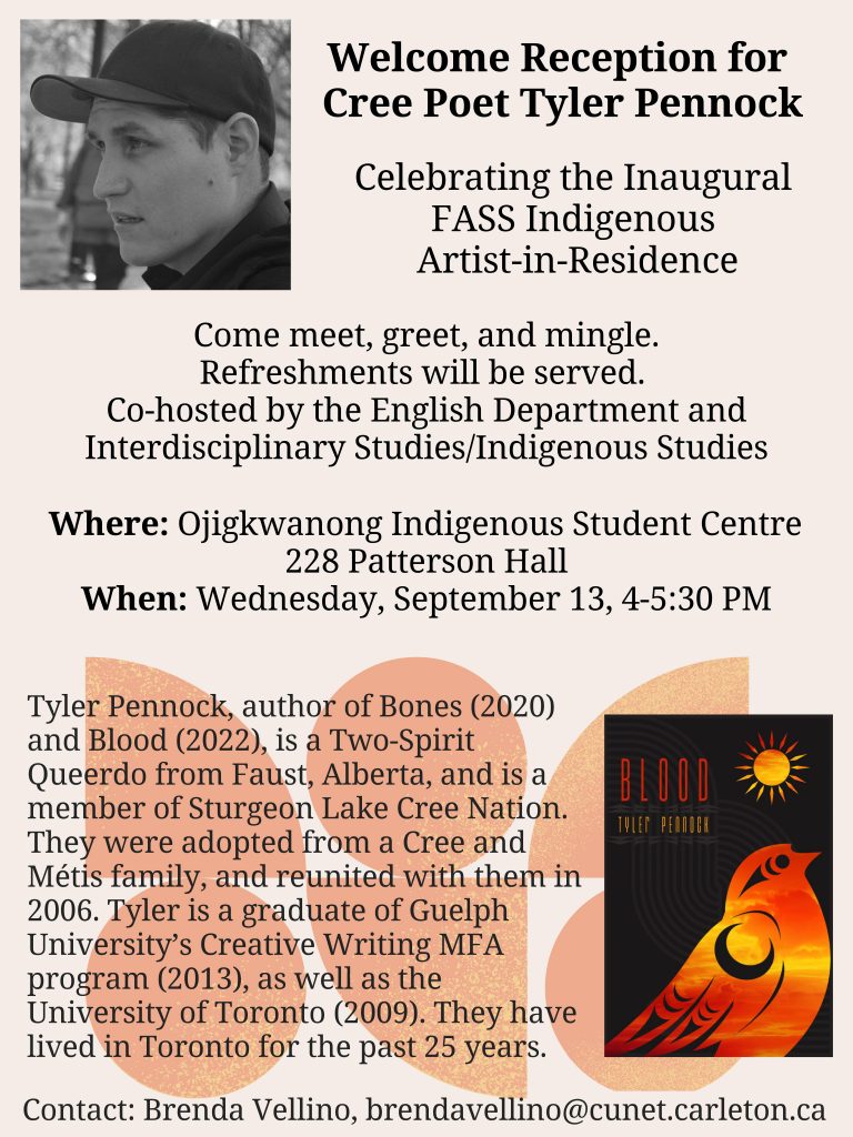 Welcome reception for Cree Poet Tyler Pennock, Artist-In-Residence ...